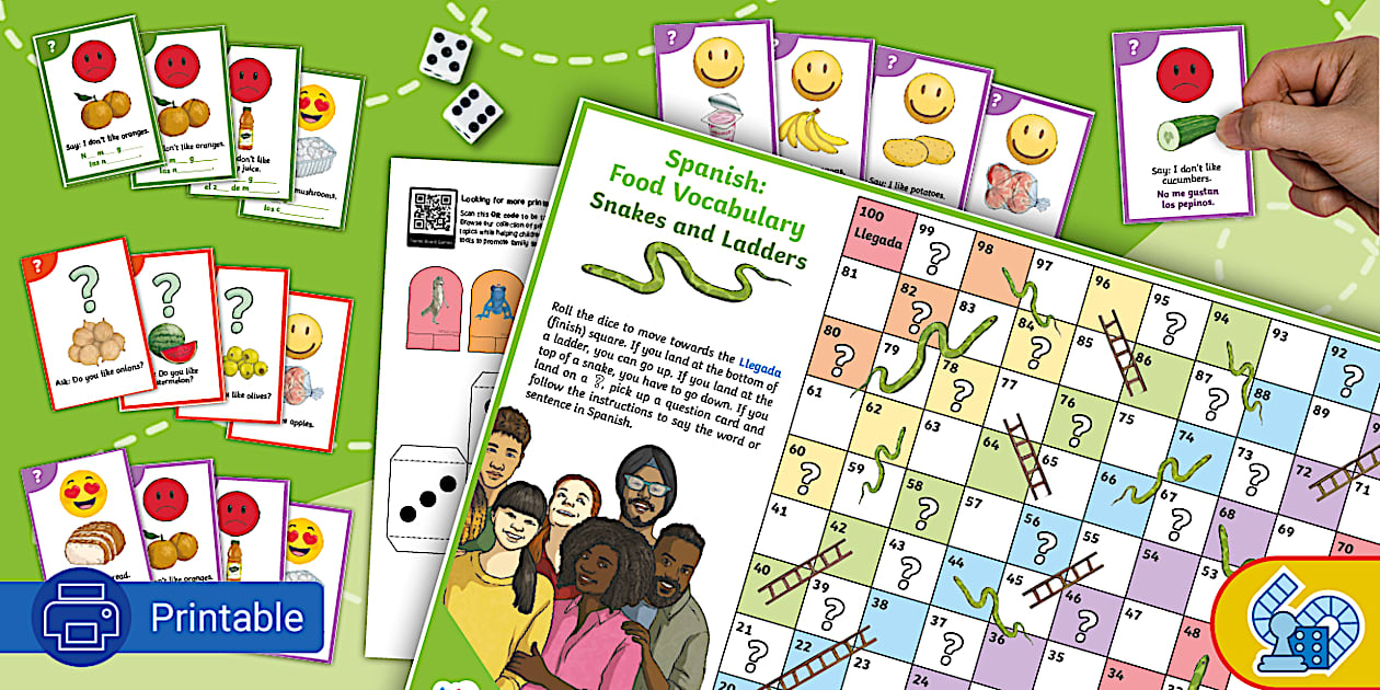 👉 Spanish: Food Vocabulary Snakes and Ladders - Twinkl