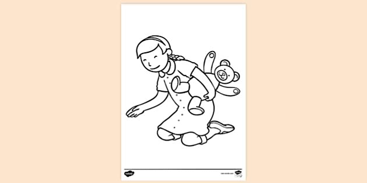 Girl with Teddy Kneeling- Pick Up Object | Colouring Sheets