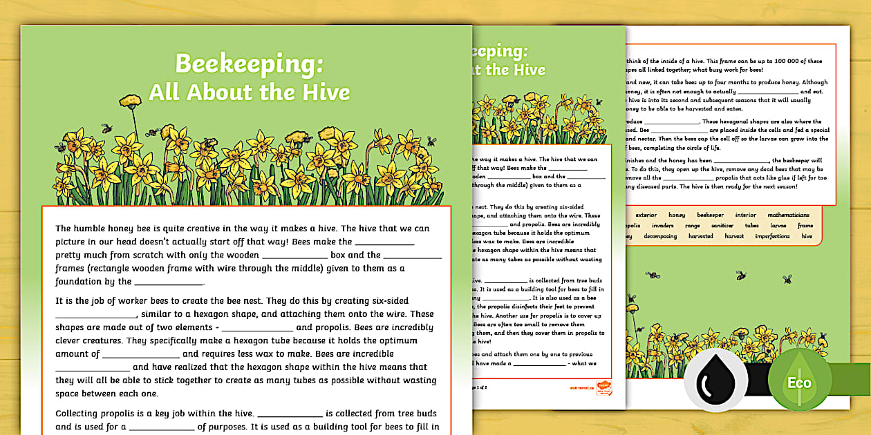 Beekeeping: All About the Hive Cloze Activity (teacher made)