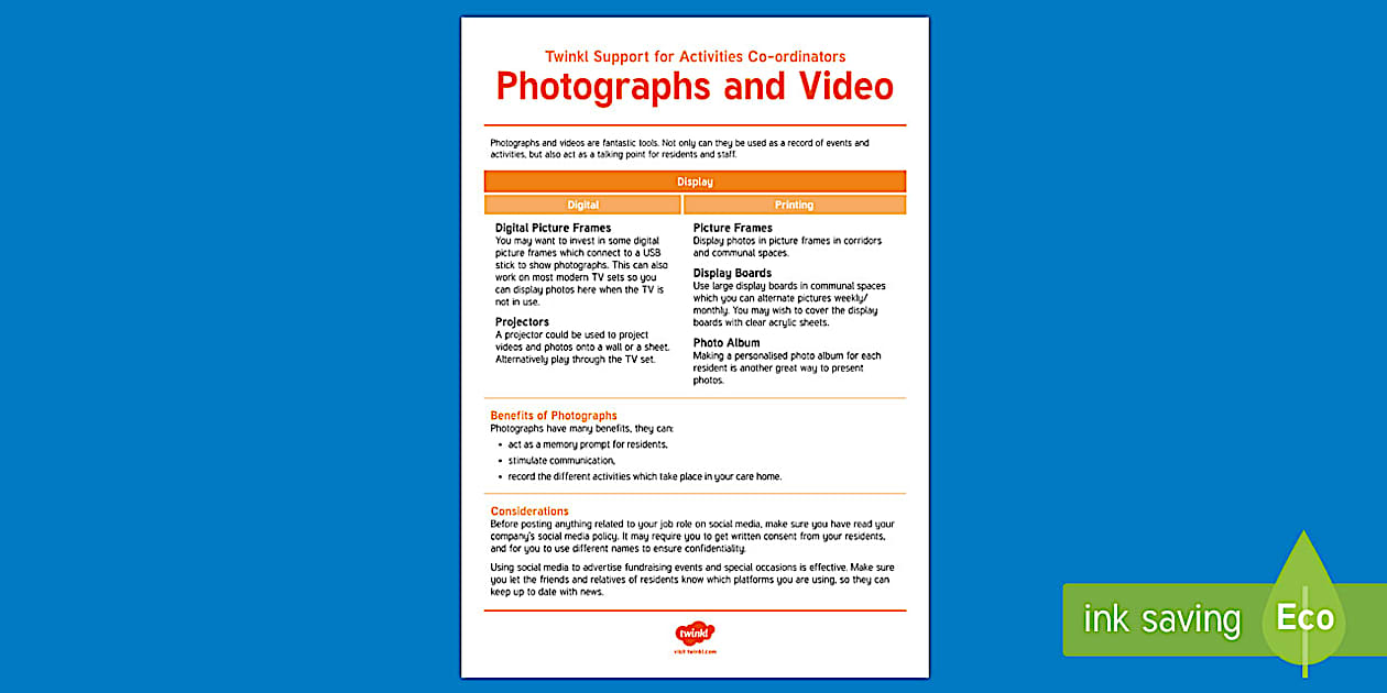 Twinkl Support for Activities Co-ordinators - Use of Photos Fact Sheet
