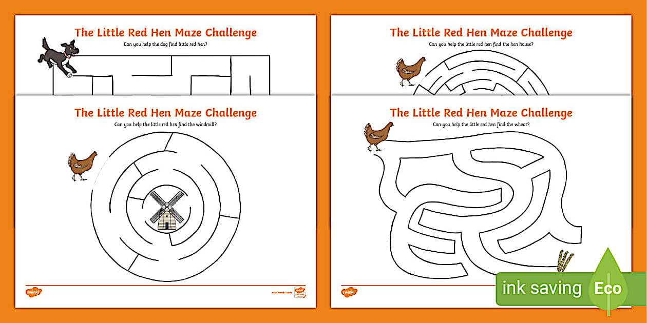 Black and White The Little Red Hen Differentiated Maze Worksheet Pack