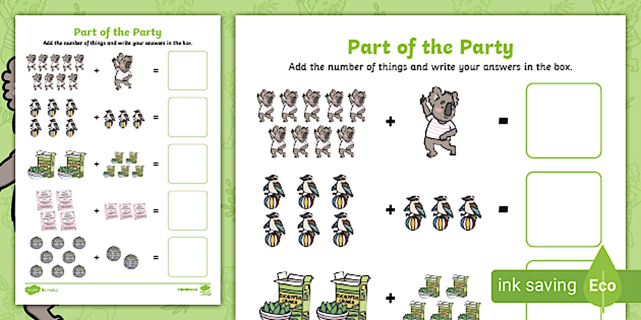 Part of the Party Addition to 10 Worksheet (teacher made)