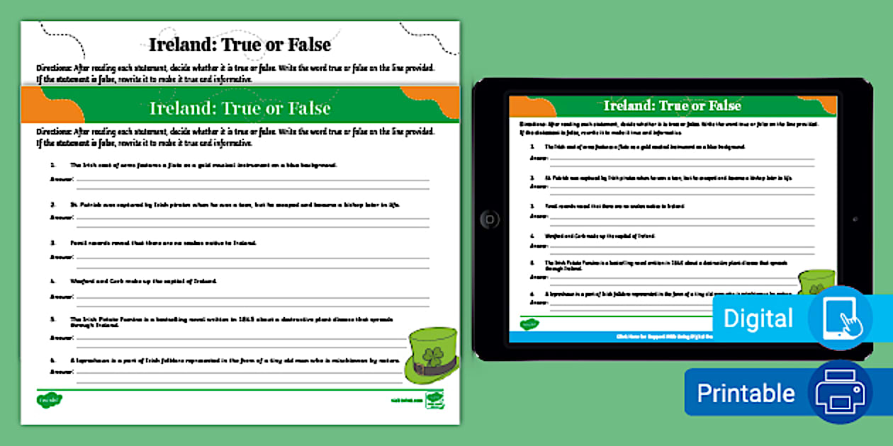 Ireland True or False Worksheet for Kids | Twinkl USA