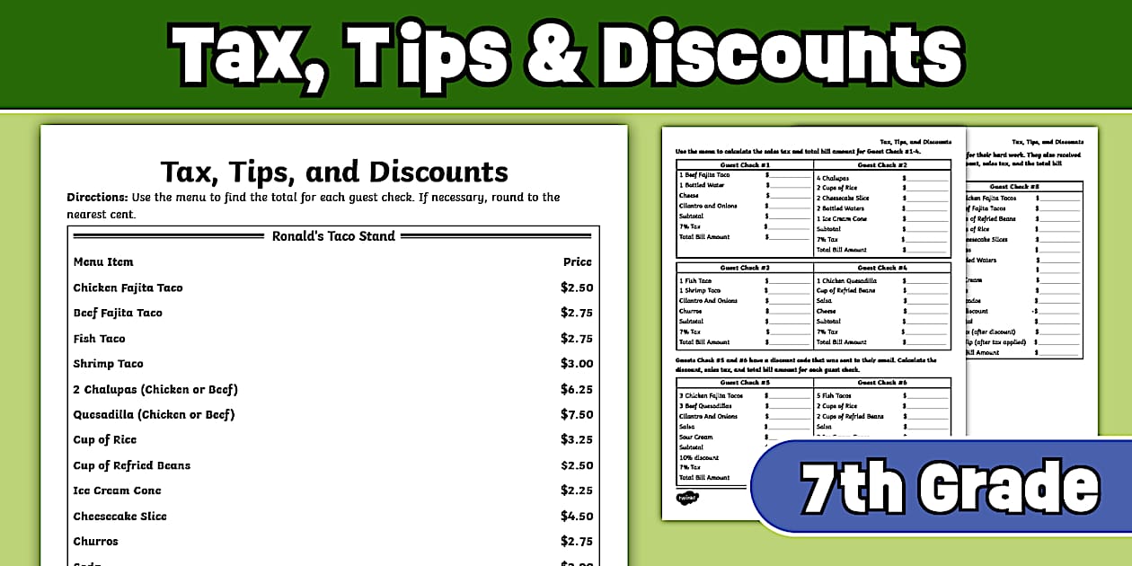 Seventh Grade Math Tax, Tips, and Discounts Real-World