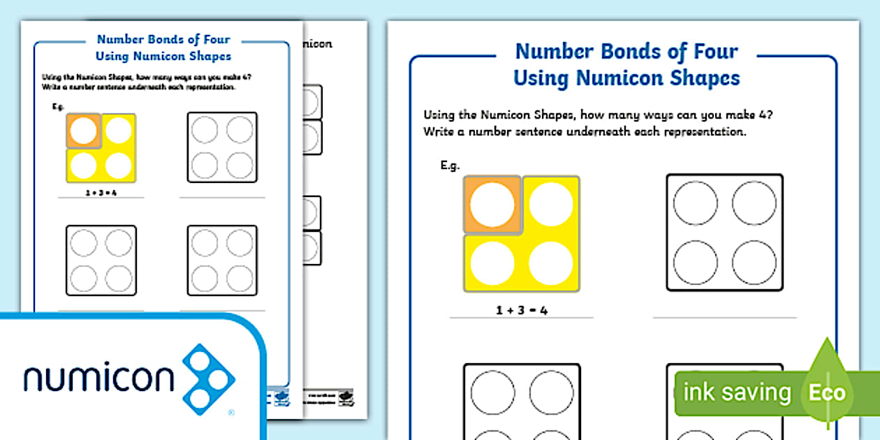Editable Number Bonds of Four Using Numicon Shapes Worksheet
