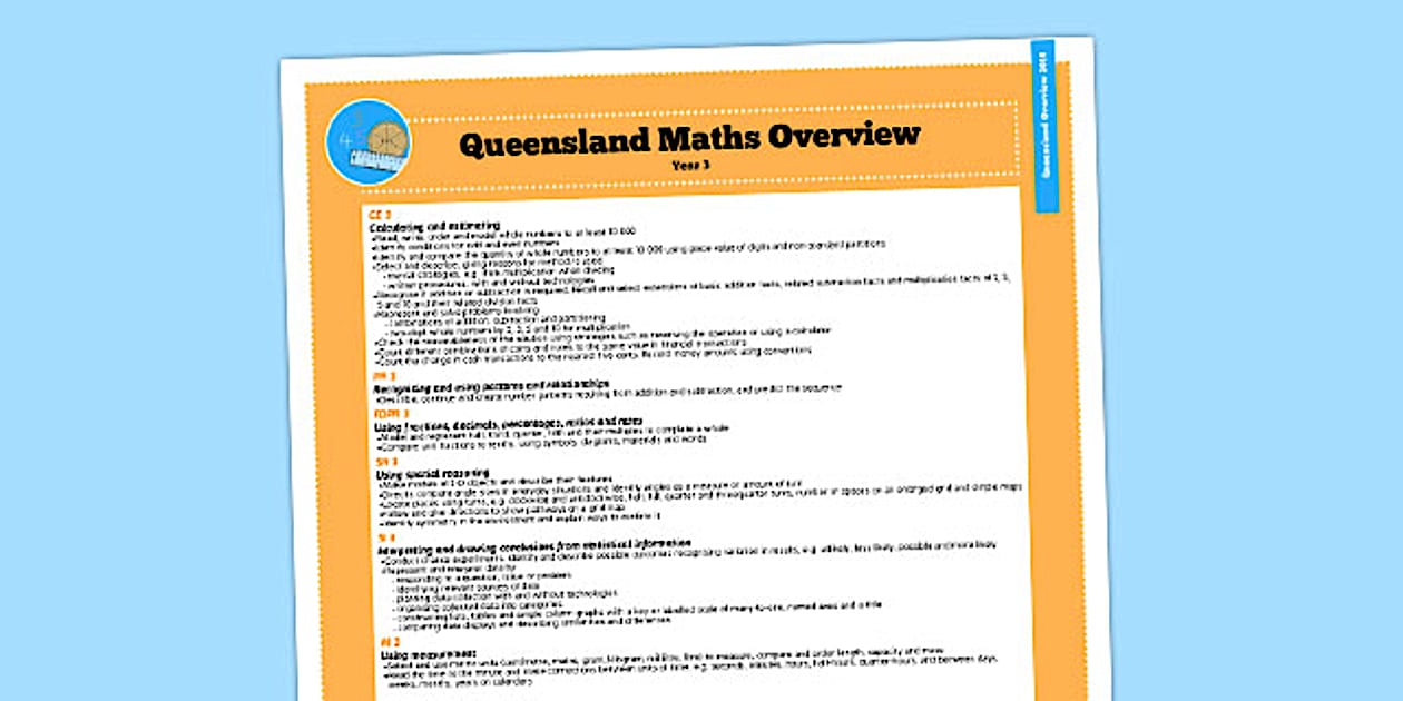 Queensland Curriculum Year 3 Maths Numeracy Syllabus Overview - australia