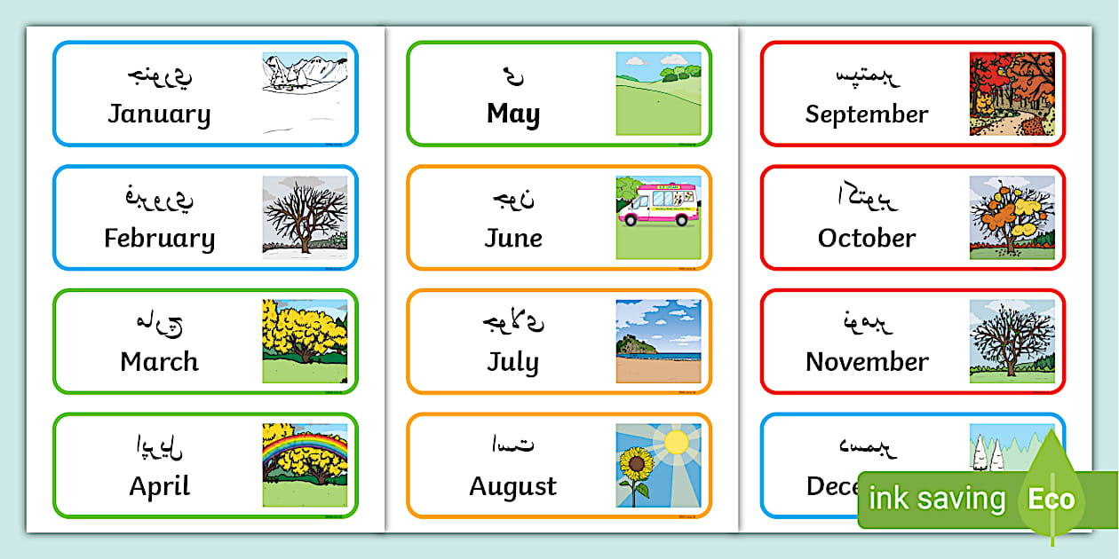 Months of the Year Word Cards in Pashto and English | EAL