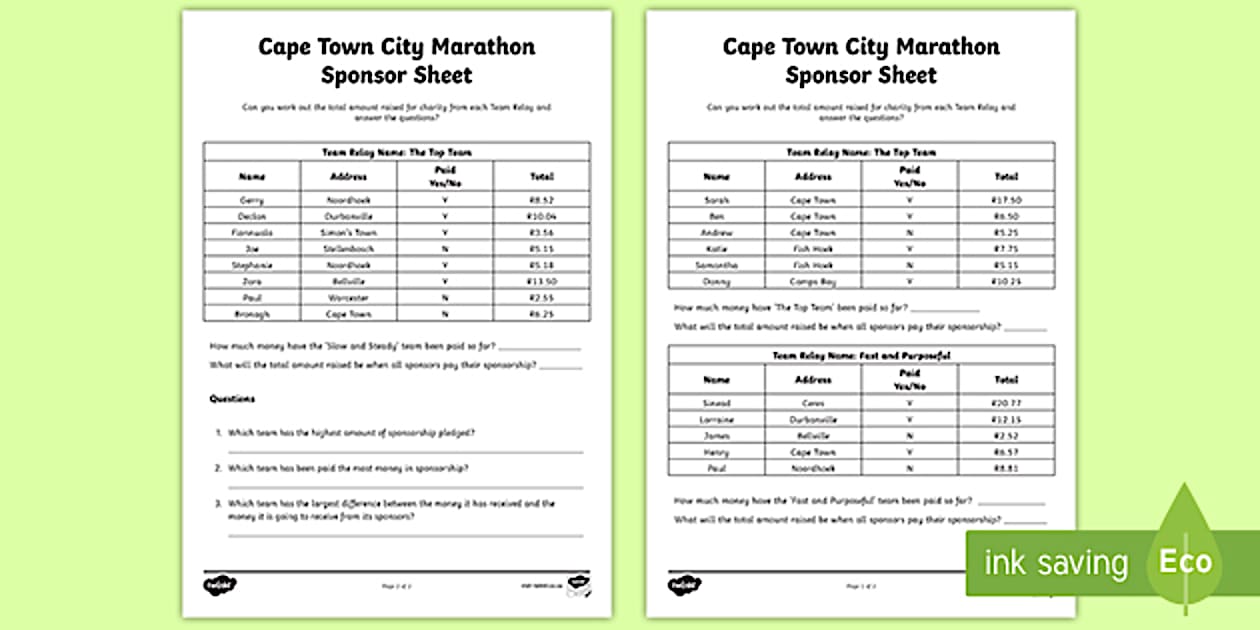 Cape Town City Marathon Sponsor Sheet (teacher made)