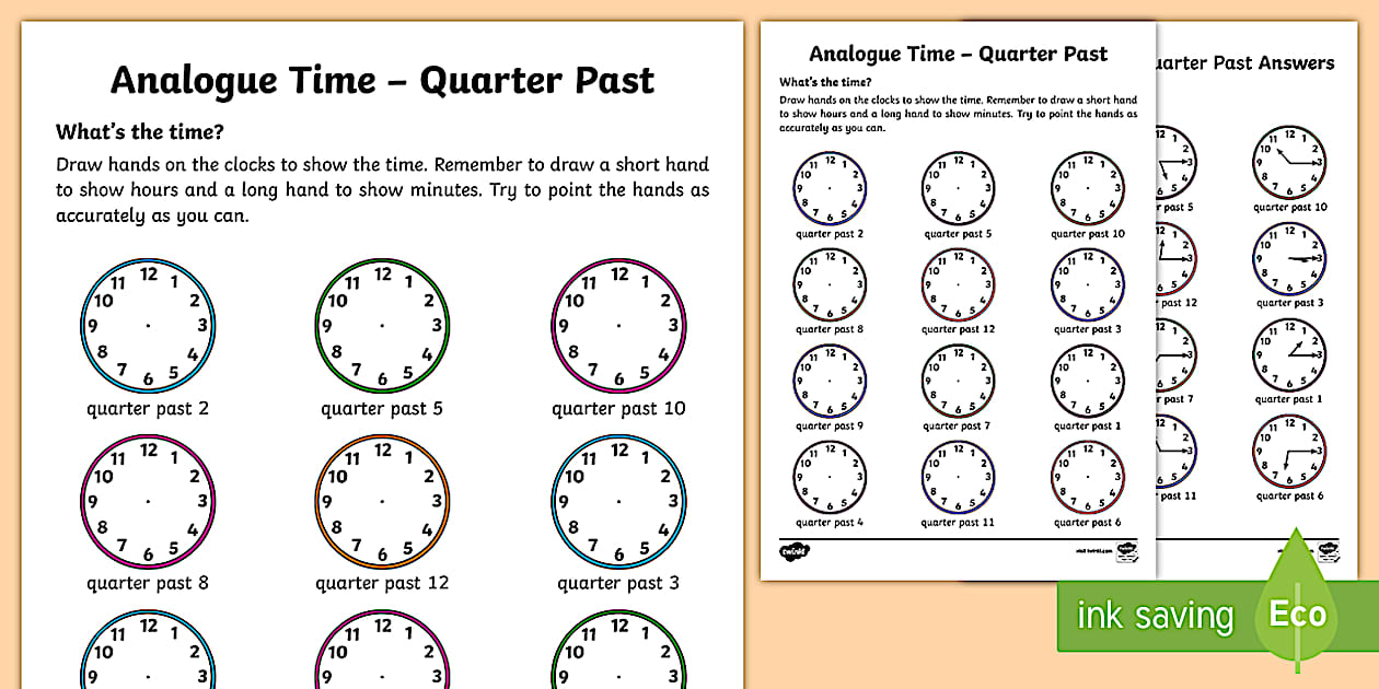 Analogue Time - Quarter Past Worksheet / Worksheet - Twinkl