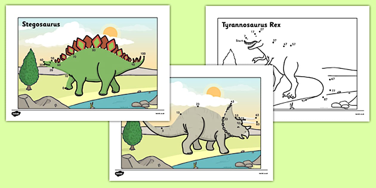 Counting in 10s to 100 Dot to Dot Dinosaurs (teacher made)