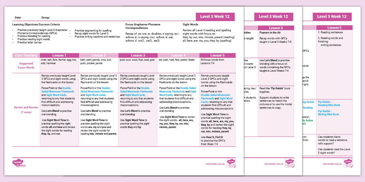 Phonics Level 3 Recap Lesson Plan - Level 3 Week 12