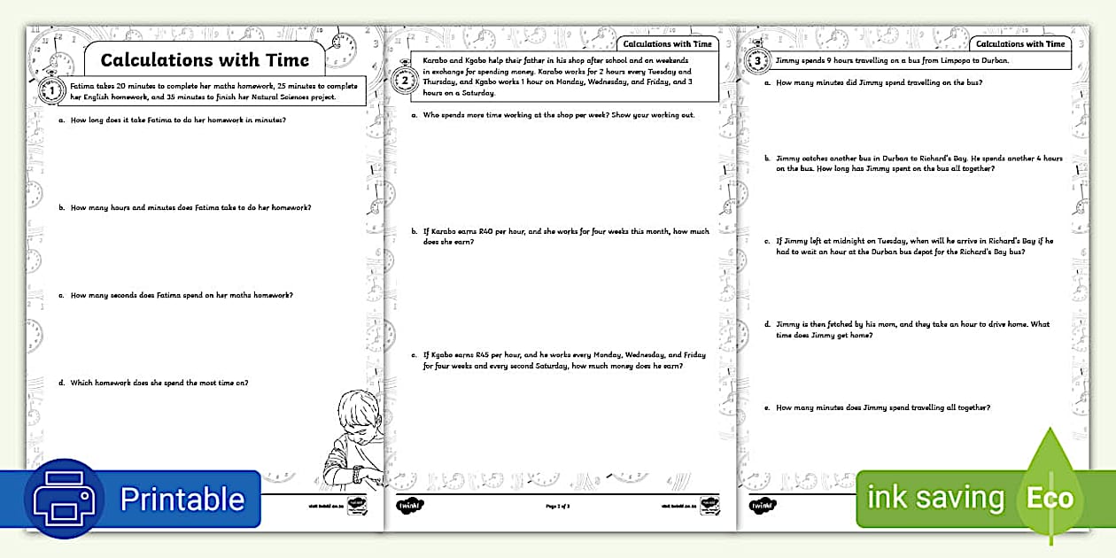 Calculations with Time Activity Sheet (Teacher-Made)