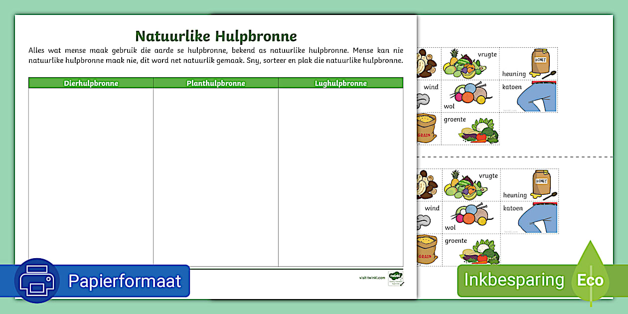 Natuurlike Hulpbronne Sorteer Aktiwiteitsblad - Twinkl