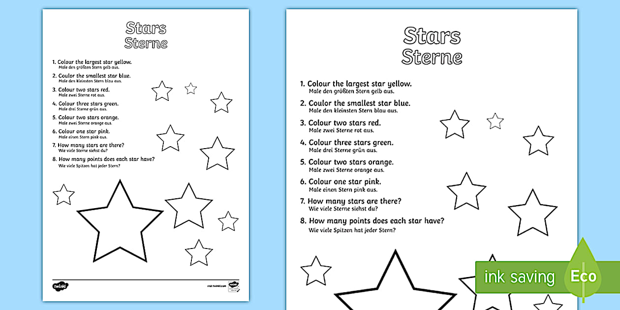 Star Colouring Comprehension Worksheet / Worksheet English/German