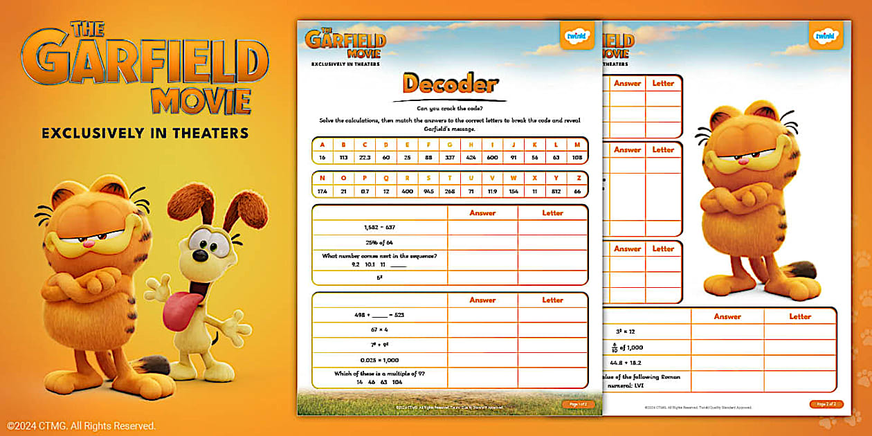 FREE! - Garfield: Math Decoder Activity Worksheet for 3rd-5th Grade