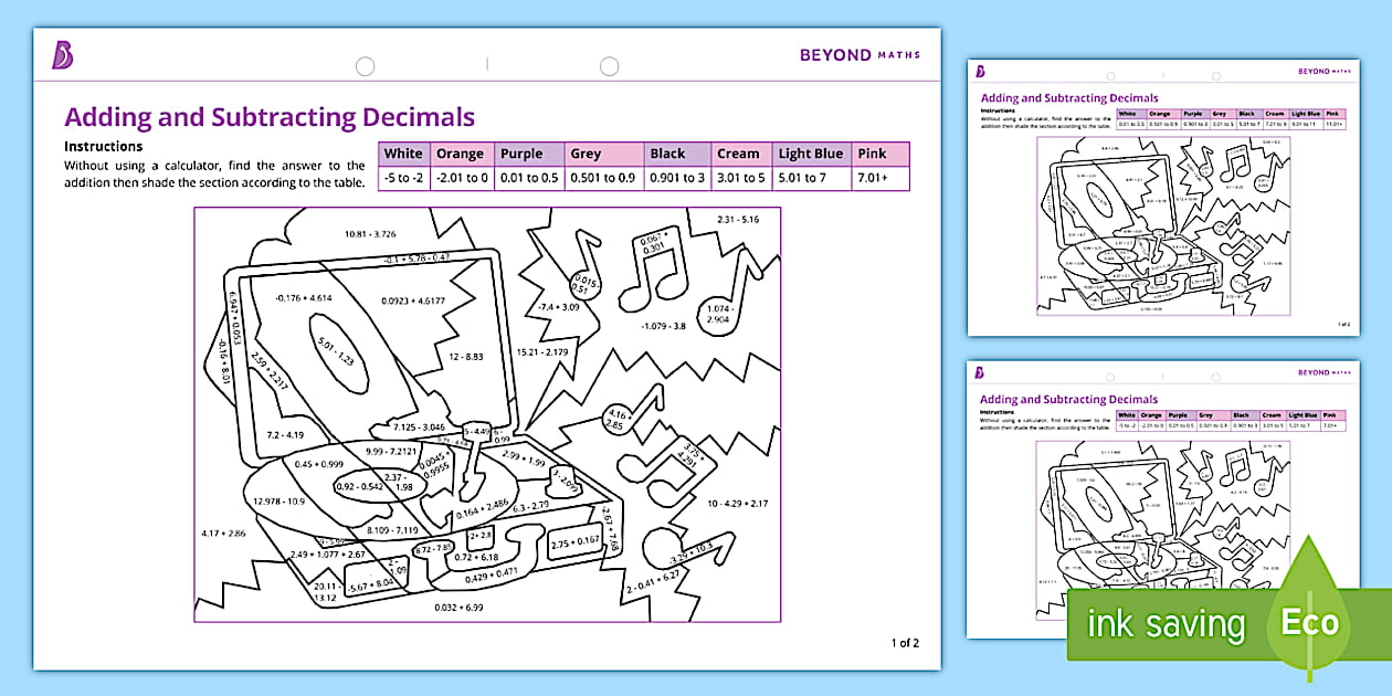 Adding and Subtracting Decimals: Colour by Number - Twinkl