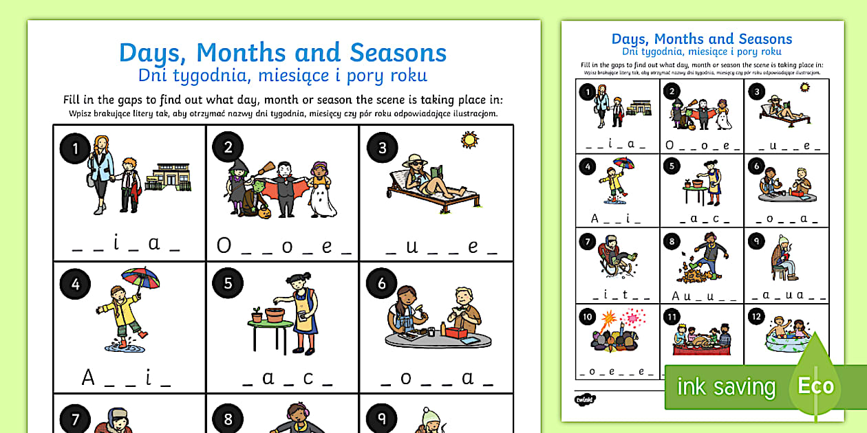 Days, Months and Seasons Missing Letters Worksheet / Worksheet English ...