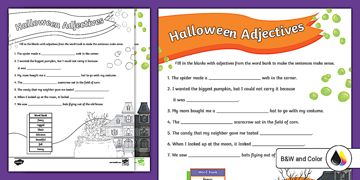 Halloween Complete the Sentences With Adjectives Activity Worksheet for