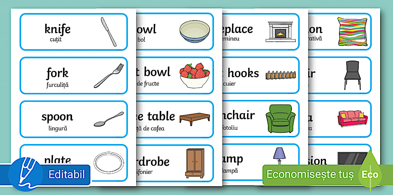 House objects – Word cards English/Romanian - Twinkl