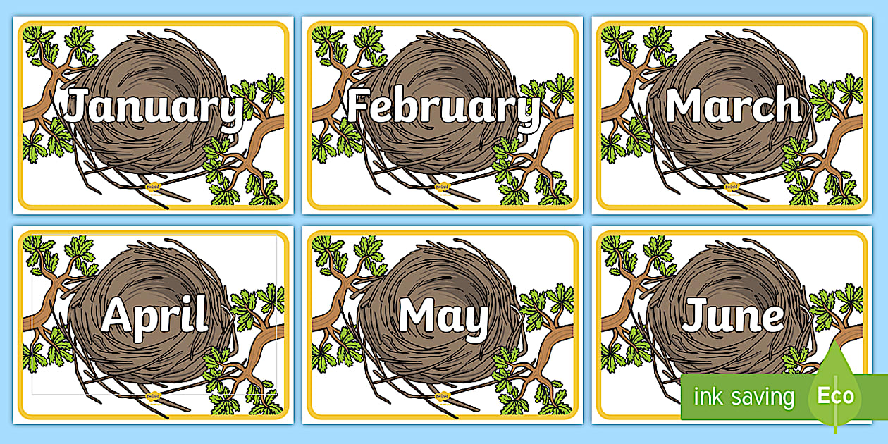 Cursive Months of the Year on Bird Nest Display Posters