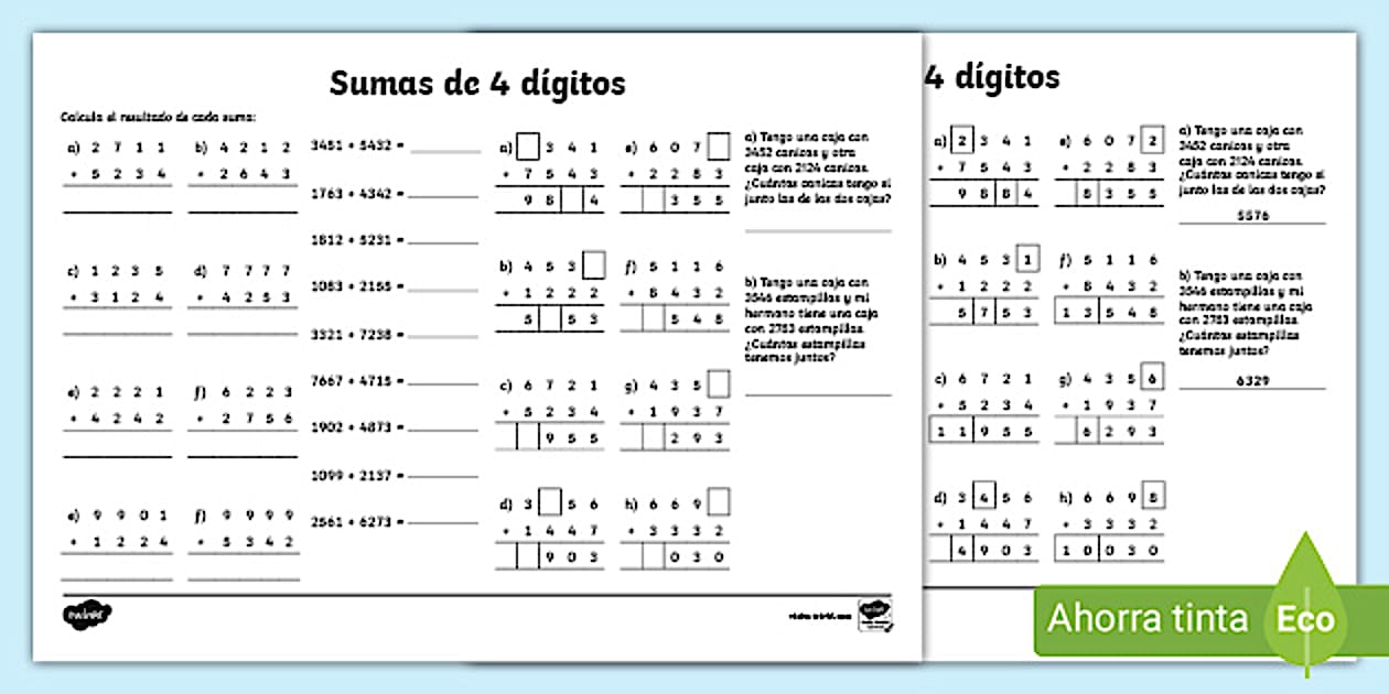 Actividad: Sumas de cuatro dígitos- Guía de trabajo