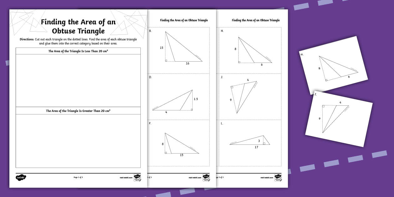 Sixth Grade Finding the Area of an Obtuse Triangle Sorting Worksheet