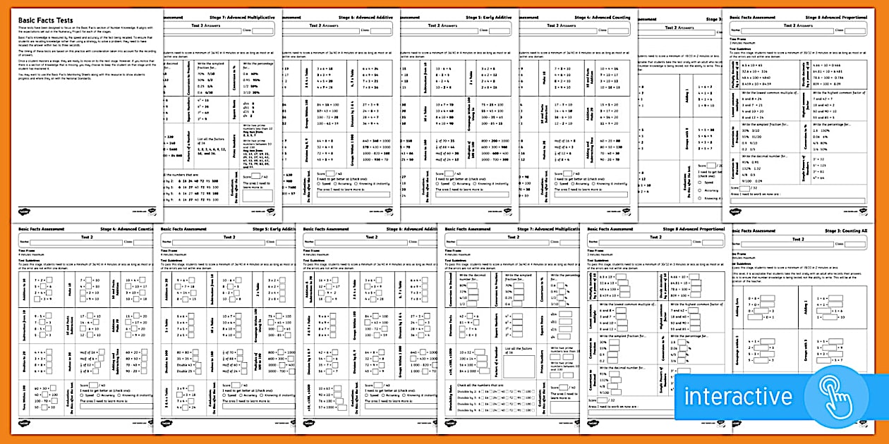 Basic Facts Test Set 2 Stages 3 - 8 Assessment Pack Worksheets