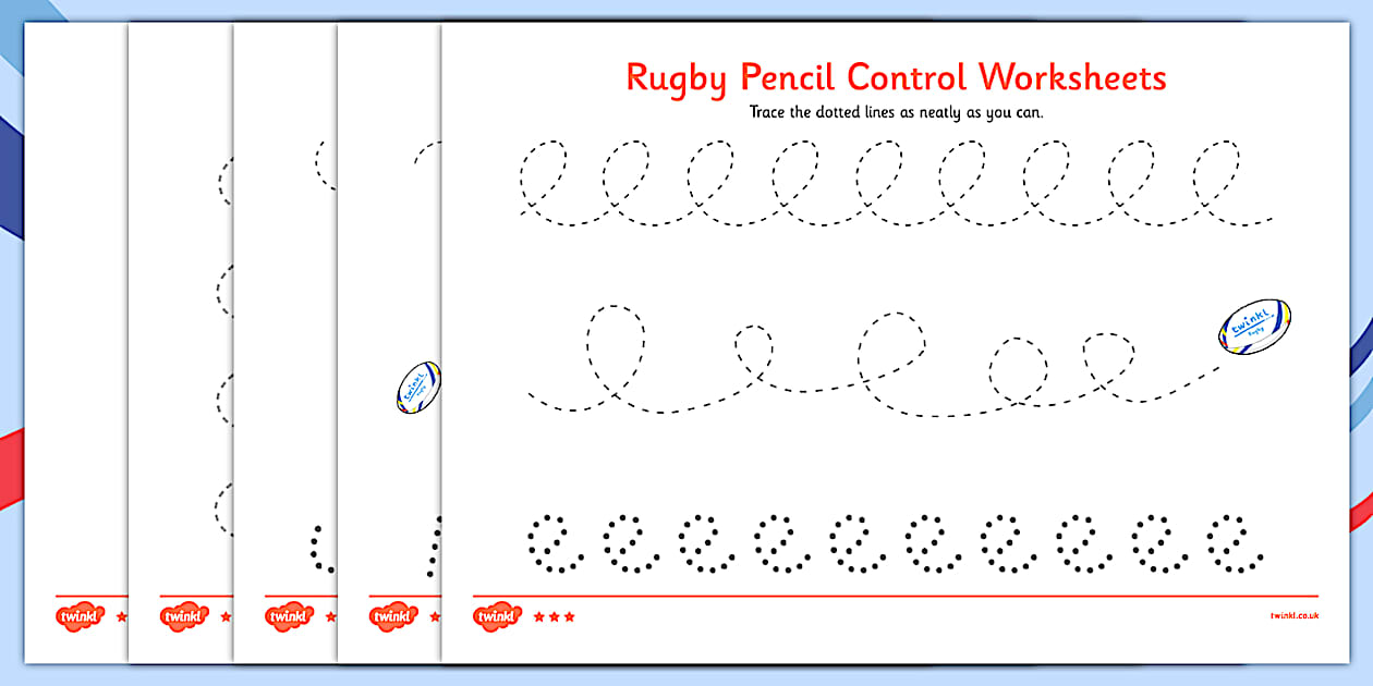 Black and White Rugby Pencil Control Worksheets - Twinkl