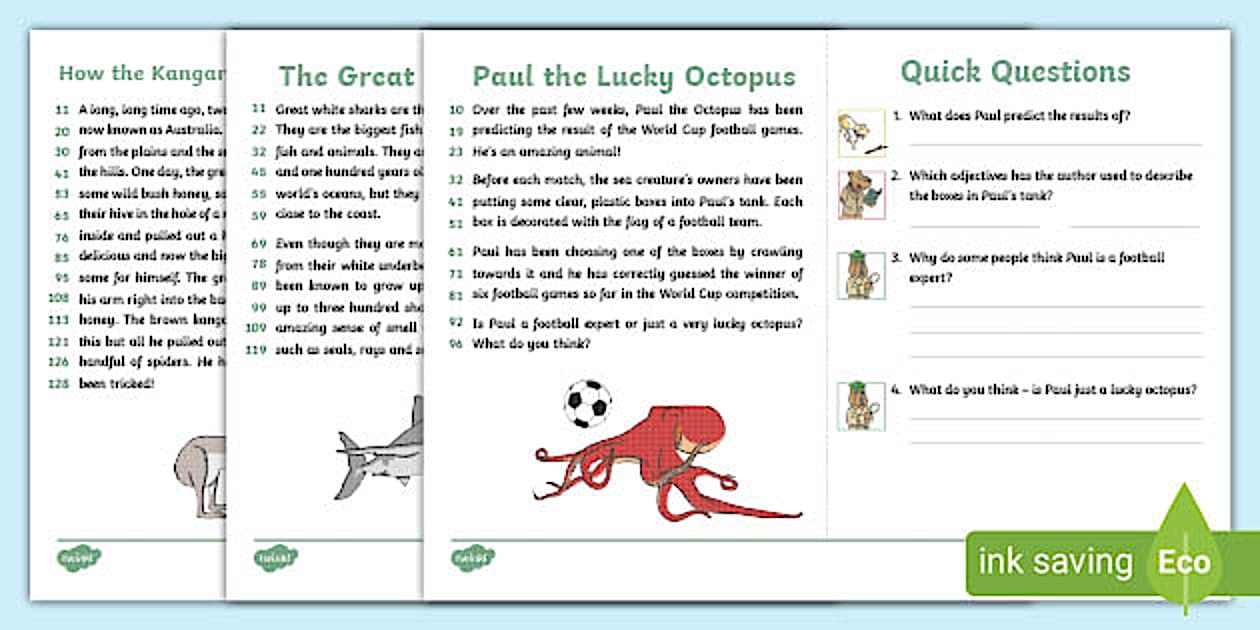 1-Minute Reading Activity Cards | Amazing Animals