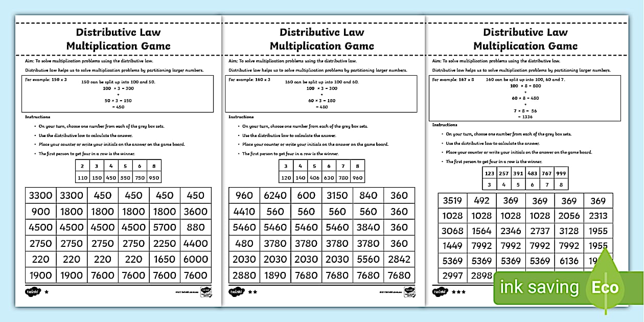 Distributive Law 3-Digit by 1-Digit Multiplication Game