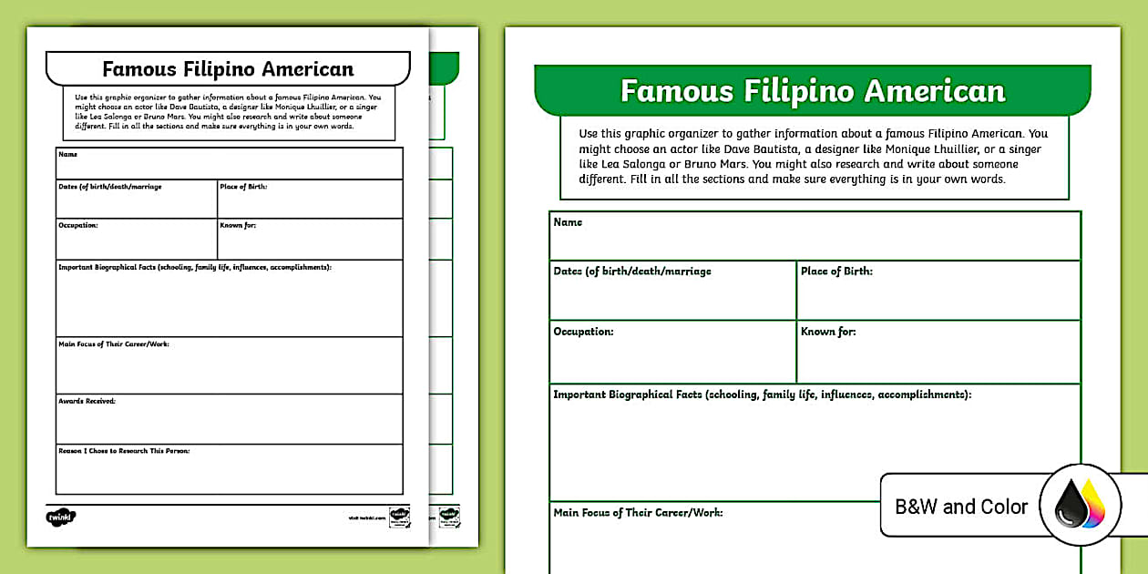 Famous Filipino American Research Graphic Organiz for 6-8 Gr