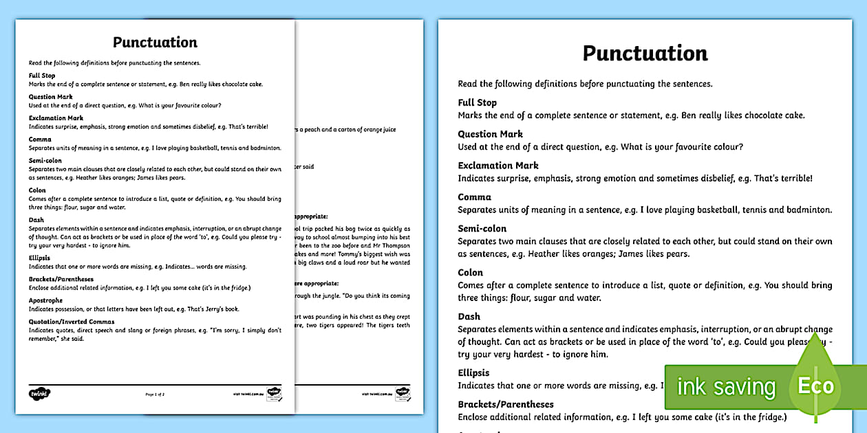 Punctuation Worksheet / Worksheets (teacher made) - Twinkl