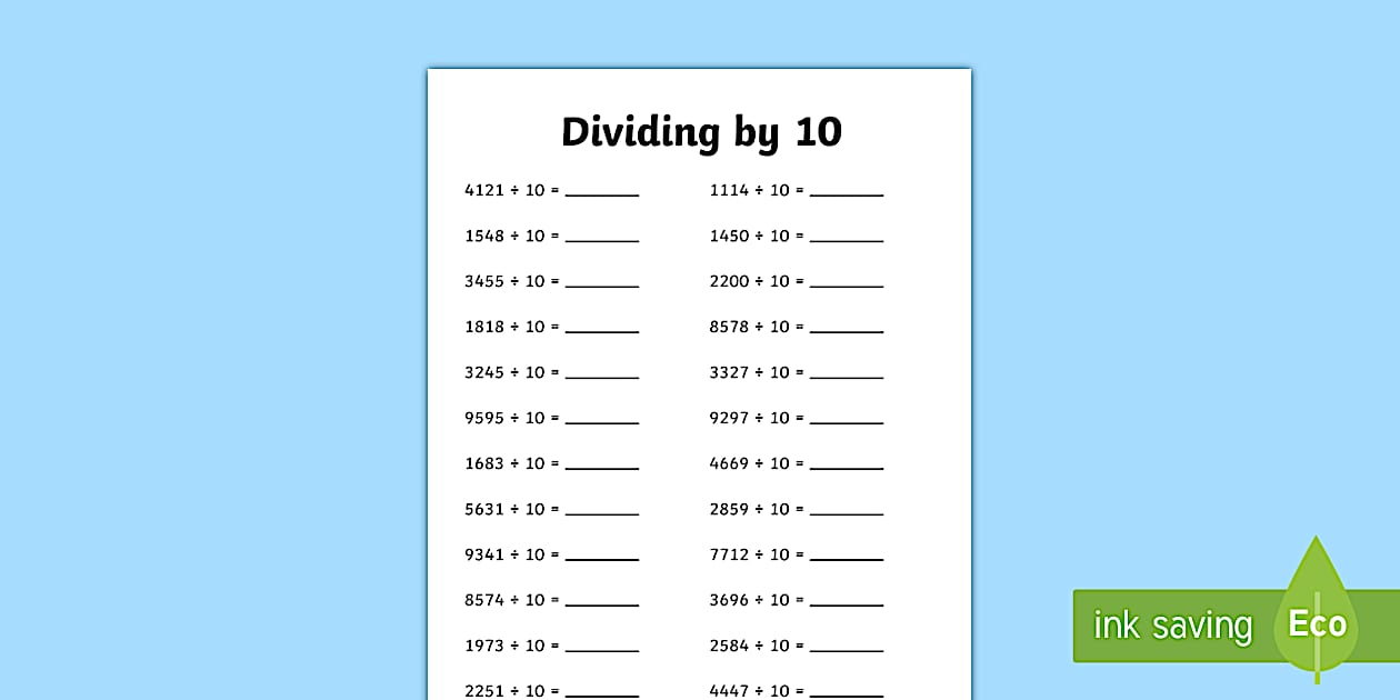 Dividing 4 Digit Numbers by 10 A5 Worksheet / Worksheet