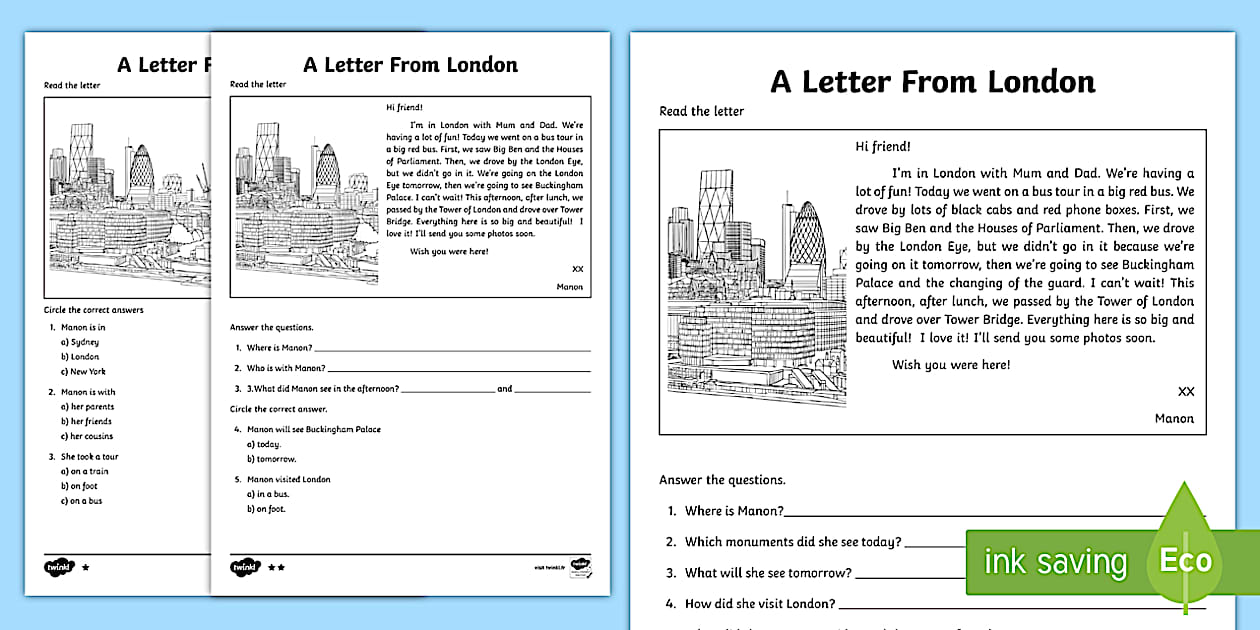 Compréhension écrite différenciée : Une lettre de Londres - Anglais LV