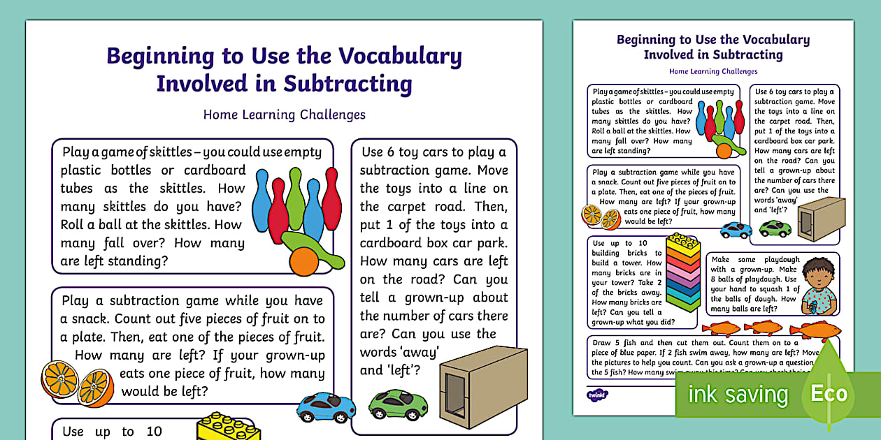 EYFS Maths: Uses the Vocabulary Involved in Subtracting Home Learning