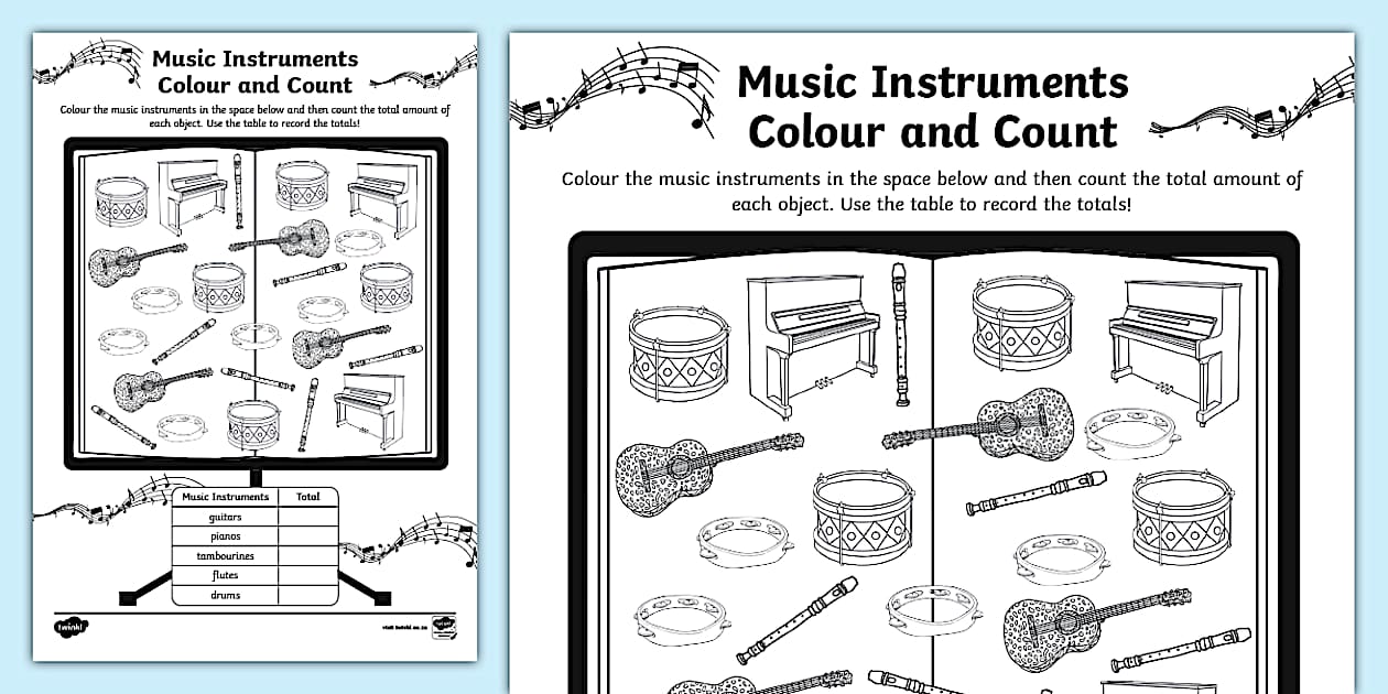 Music Instruments Colour and Count Worksheet - Twinkl
