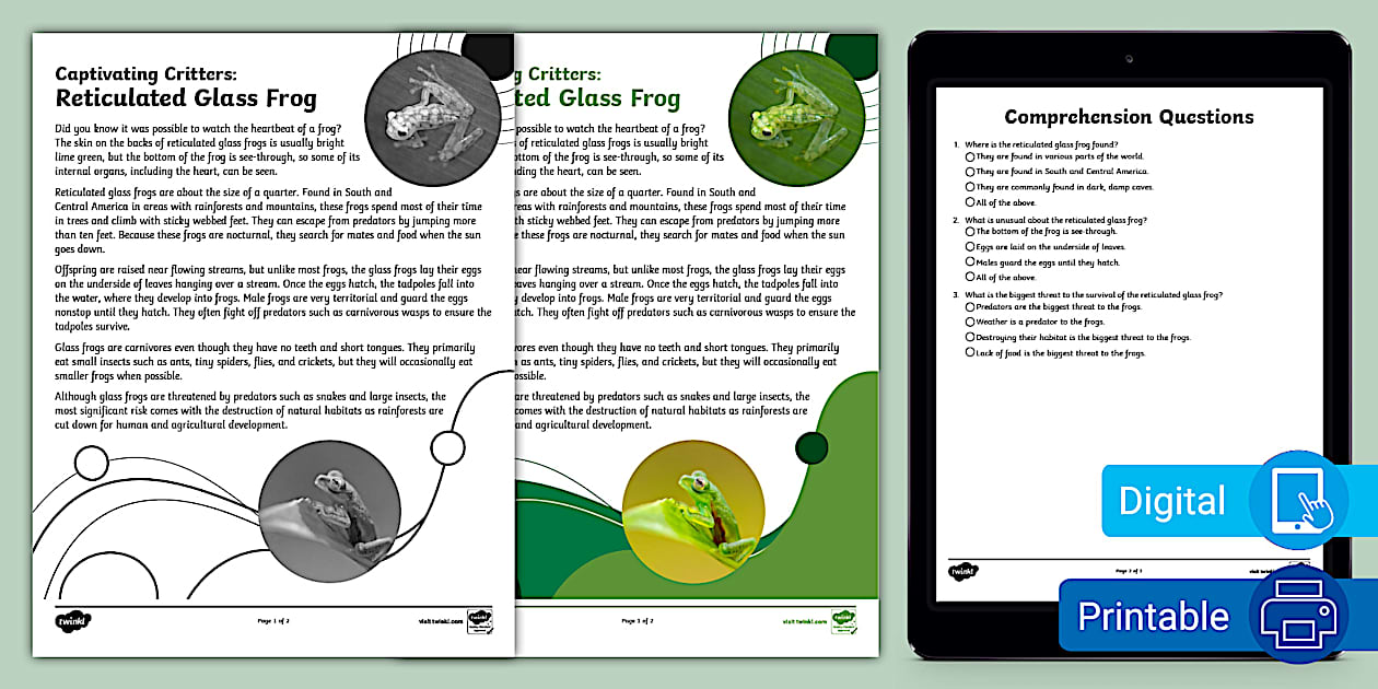 Eighth Grade Captivating Critters Reticulated Glass Frog Reading Passage