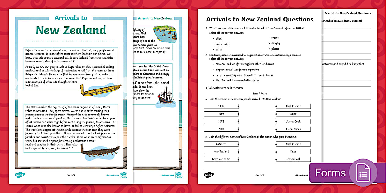 Arrivals to New Zealand Reading Comprehension (teacher made)