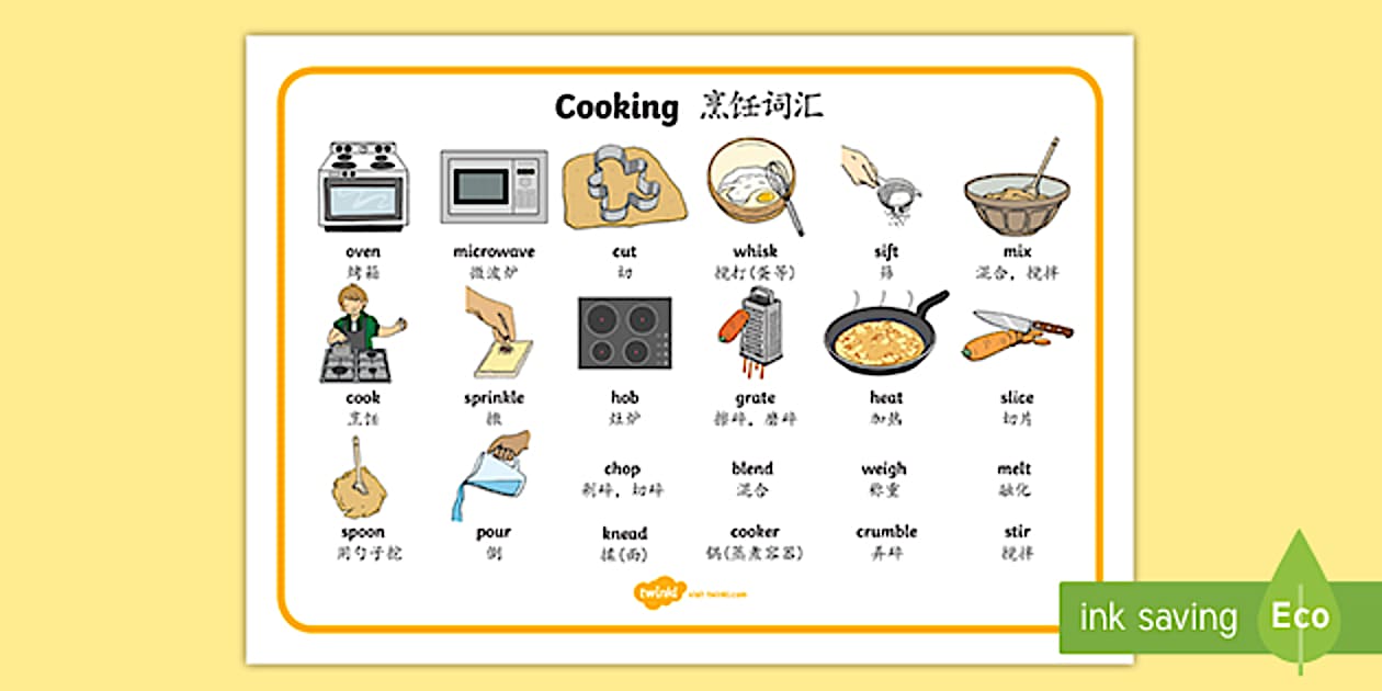Cooking Word Mat - English/Mandarin Chinese
