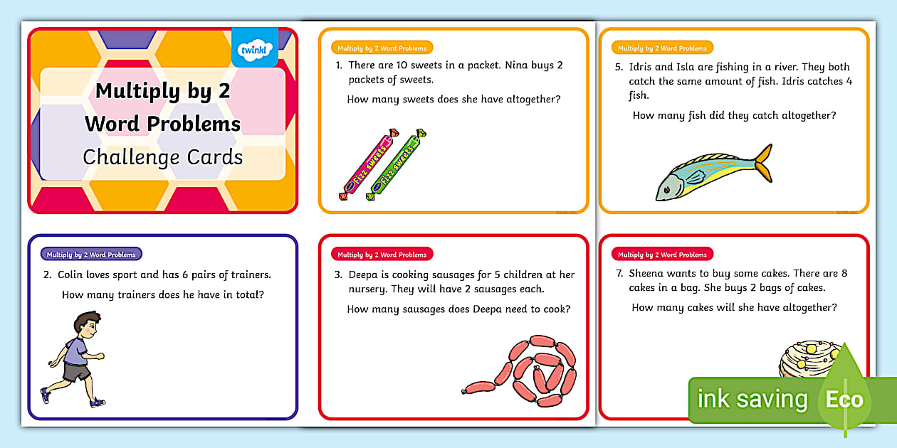 👉 Multiply by 2 Word Problems Challenge Cards - Twinkl