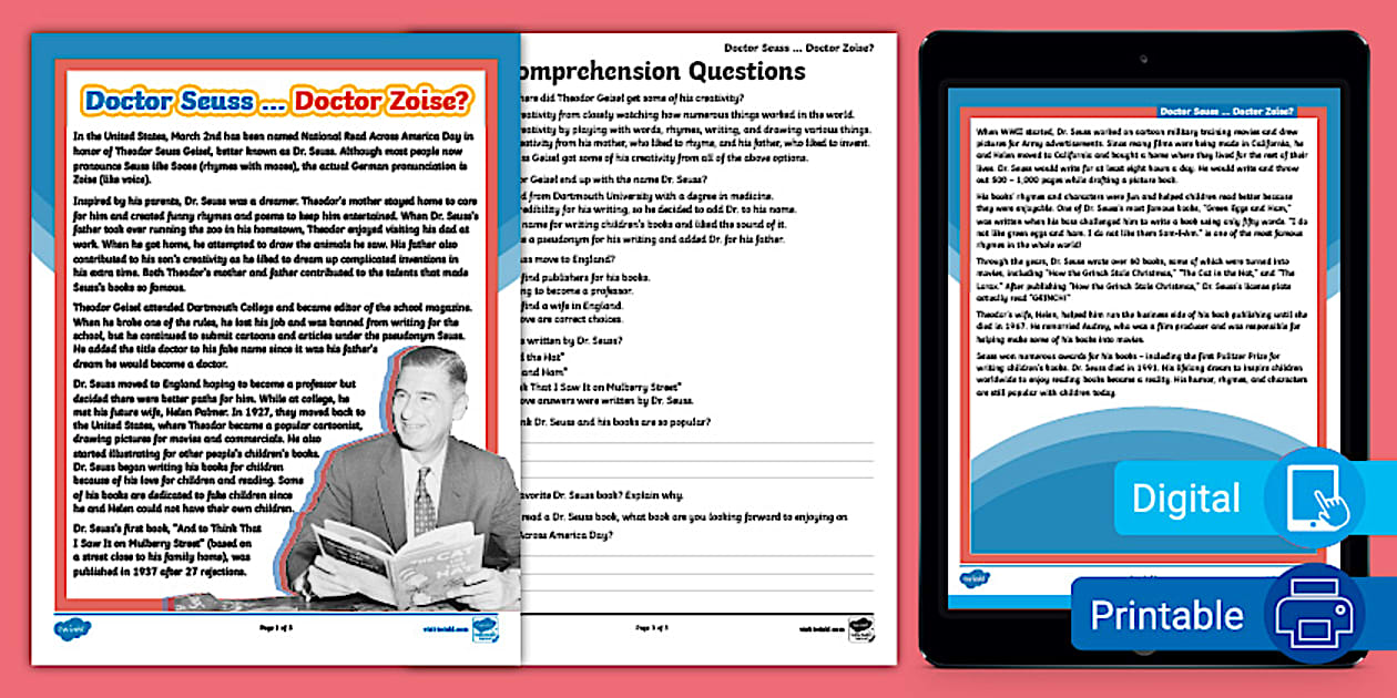 Eighth Grade Dr. Seuss…Dr. Zoise? Reading Comprehension Worksheet