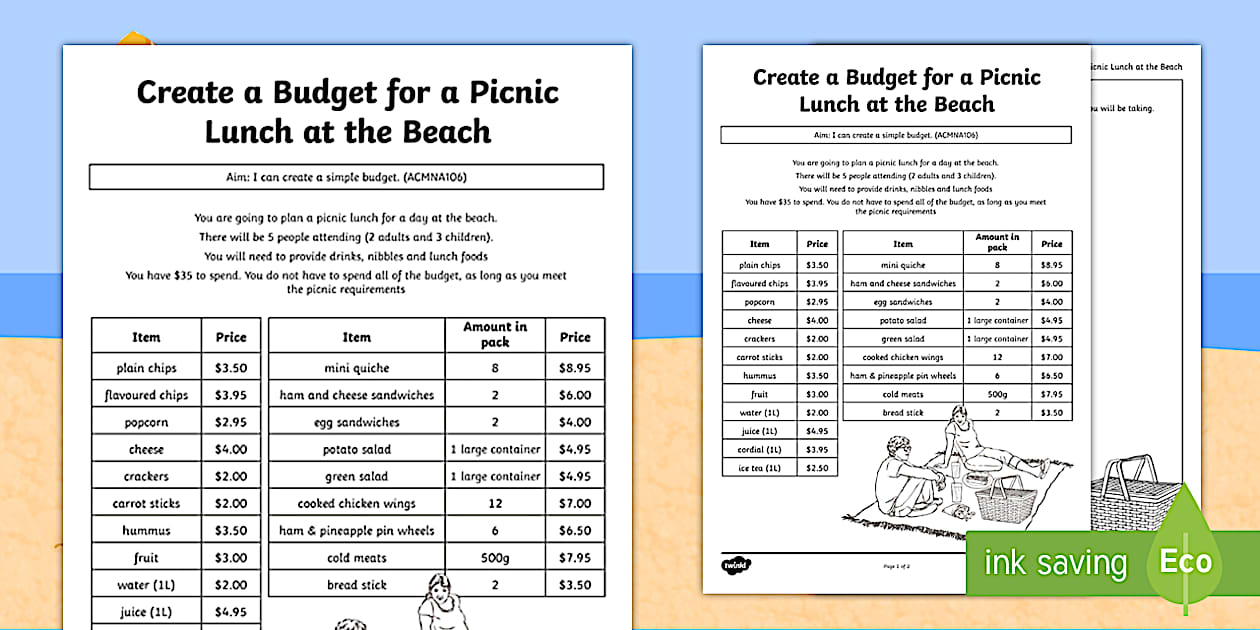 SA Create a Budget for a Picnic Lunch at the Beach Worksheet