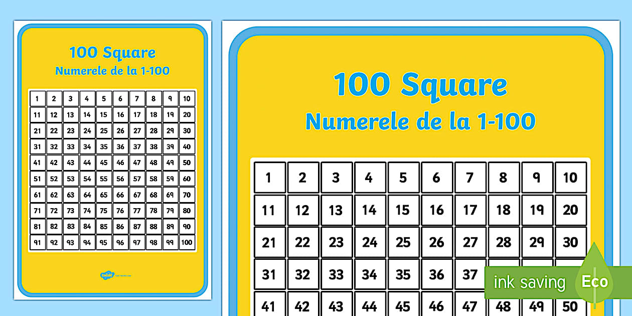 100 Square (Hundred Square) English/Romanian - 100 Number Square