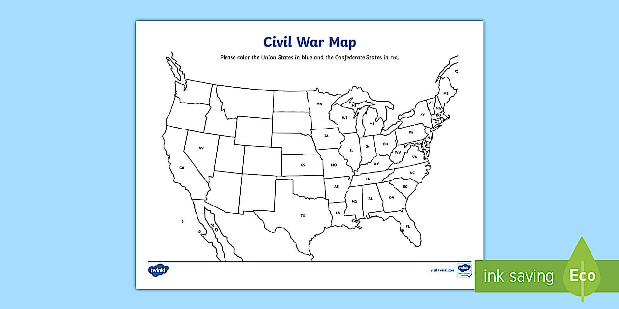 Civil War Union, Confederate, and Border States Map Coloring Activity