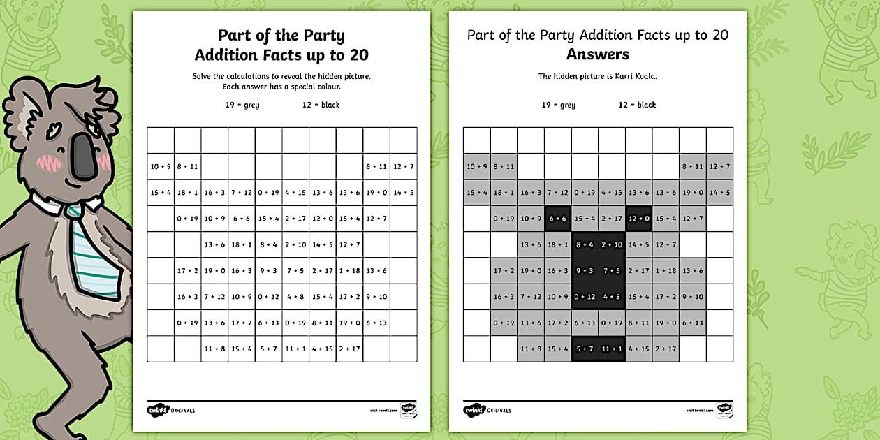 Part of the Party Addition Facts up to 20 Maths Mosaic Worksheet