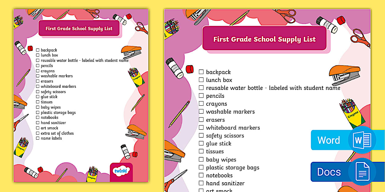First Grade Editable School Supply List - Twinkl