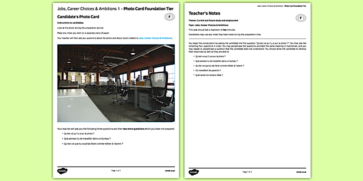 Jobs, Career Choices and Ambitions 1 GCSE Foundation Tier Photo-Card French