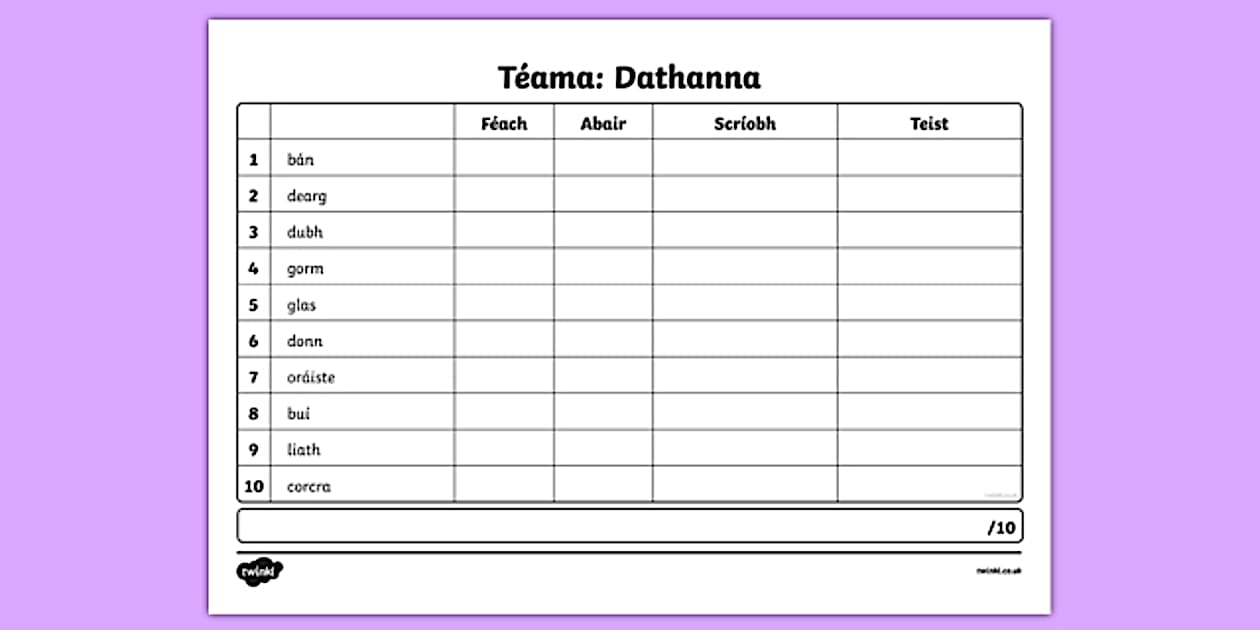 Editable Spelling List Dathanna Worksheet Gaeilge - Twinkl