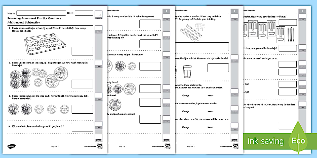 QLD Reasoning Assessment Addition and Subtraction Assessment Sheet