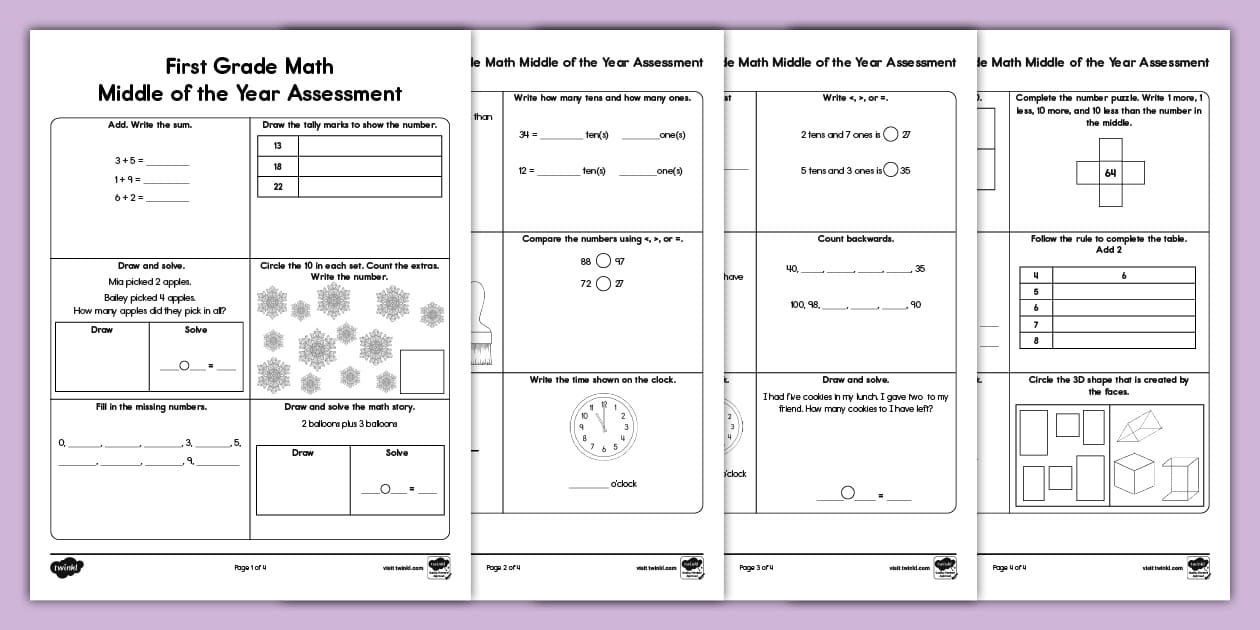 First Grade Middle of the Year Math Assessment - Twinkl